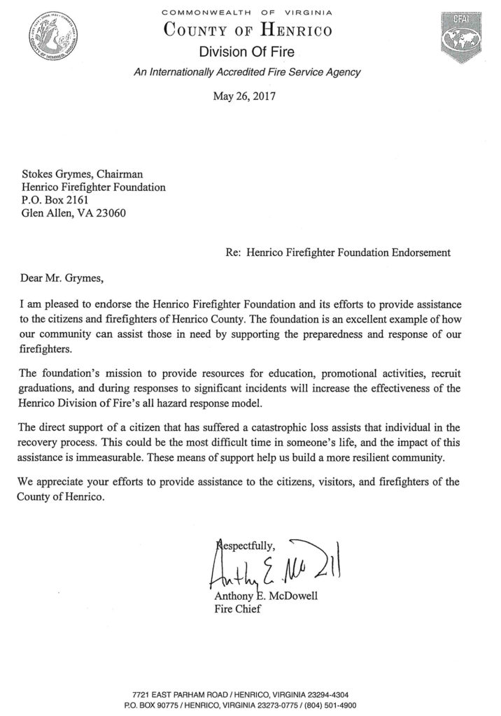 Letter from the Fire Chief to Henrico Firefighter Foundation based out ...